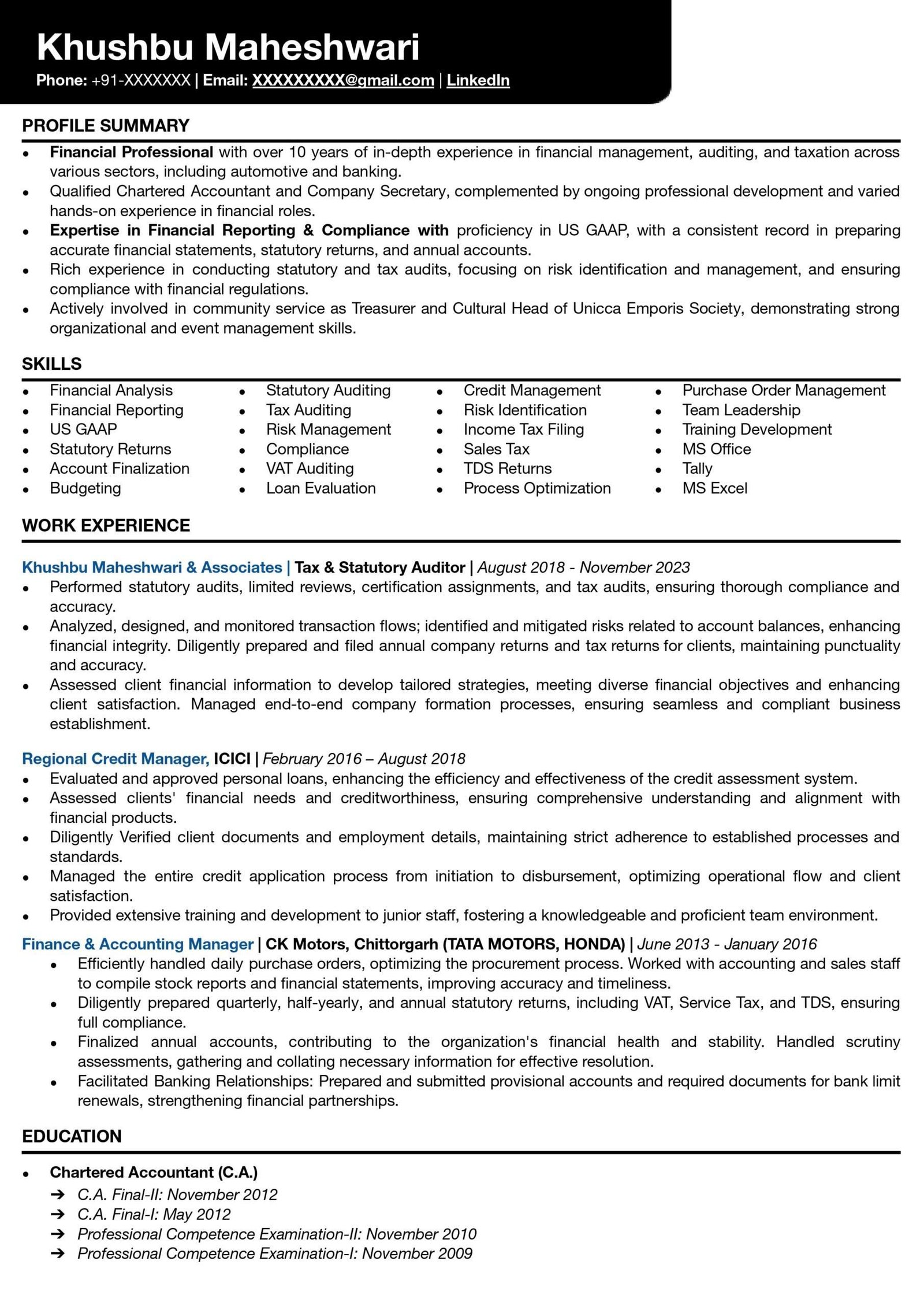 Mid-Level Tax & Auditory Professional, Chartered Accountant Resume ...