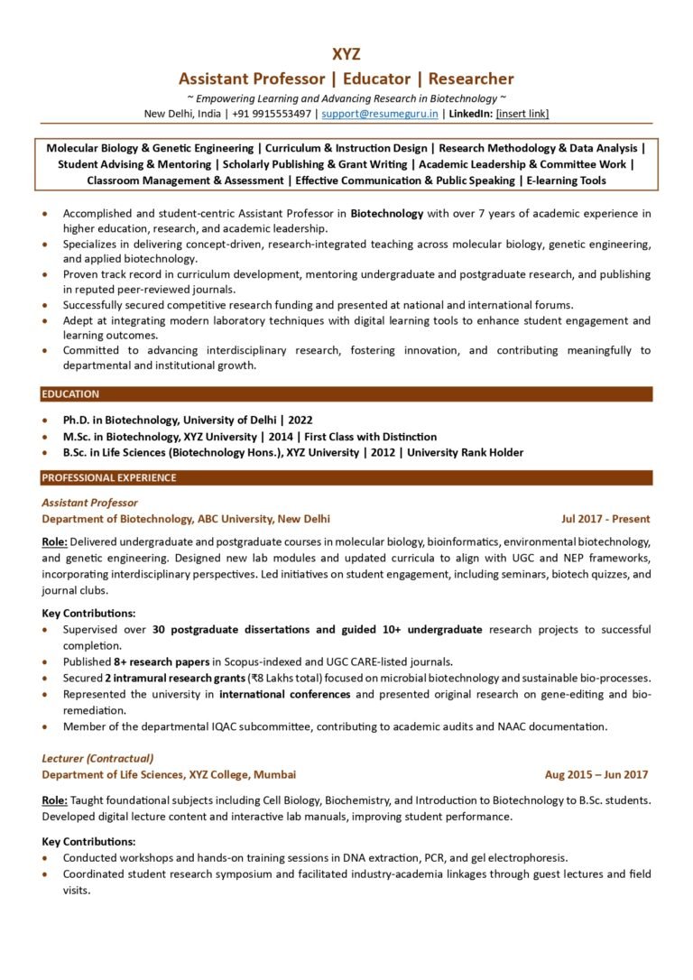 Sample Assistant Professor Resume : Academic CV Format for Research and ...