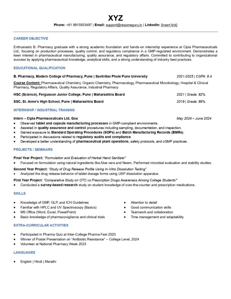 Resume Samples For B Pharm Freshers: Best Format to Start a Pharmaceutical Career