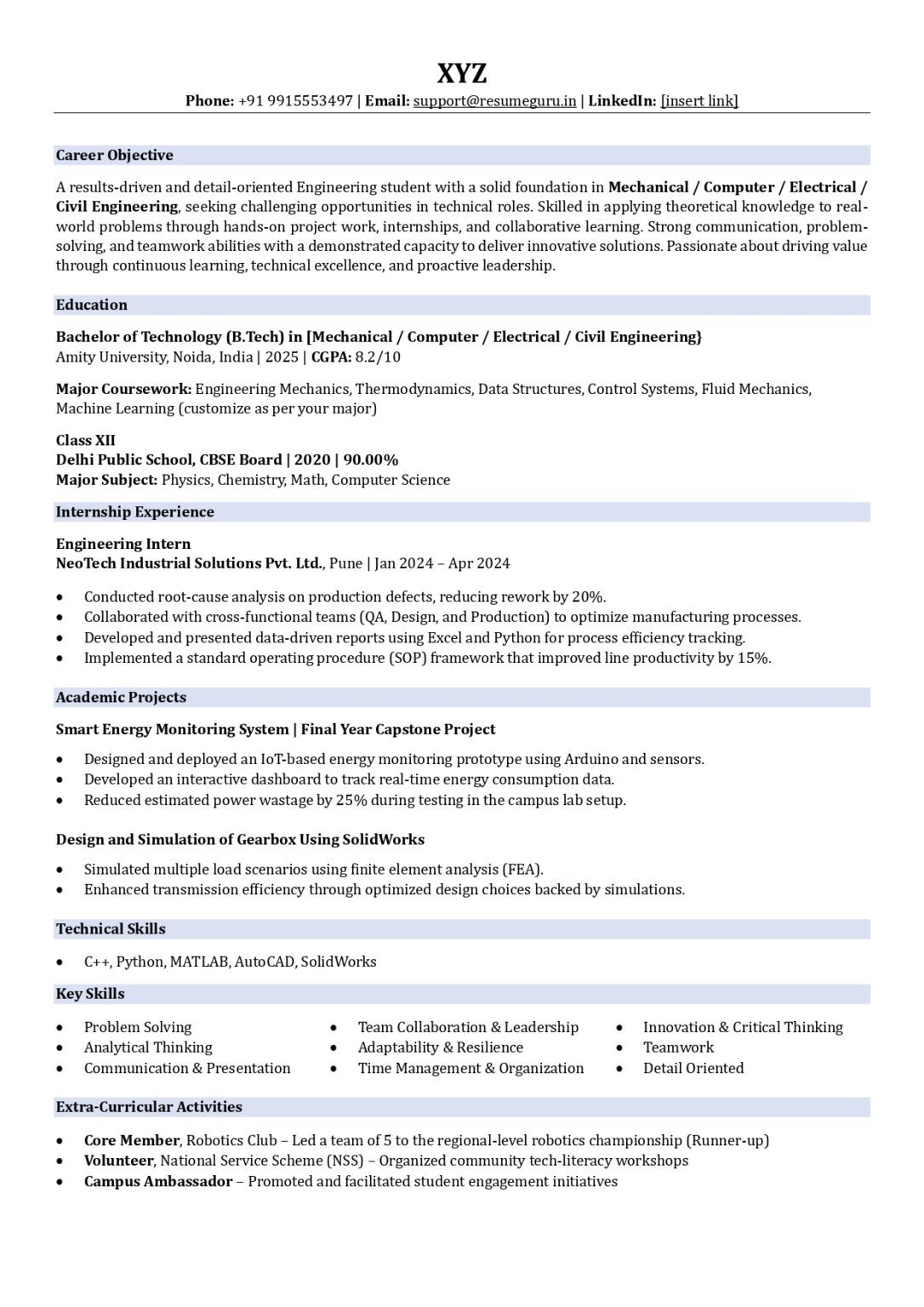 Sample Resume for Engineering Students: Best Samples to Kickstart Your ...