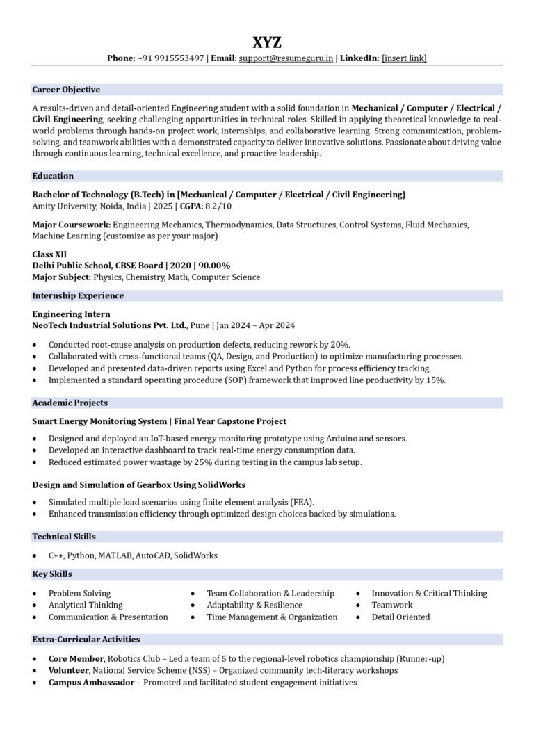 Sample Resume for Engineering Students: Best Samples to Kickstart Your ...