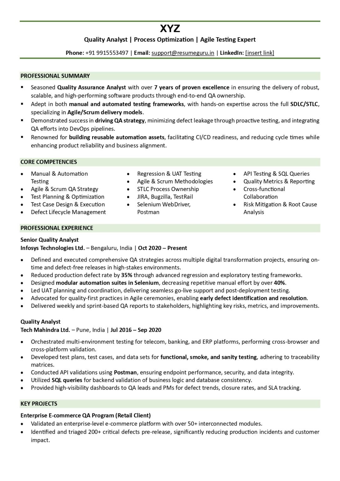 Quality Analyst Resume Sample: Proven Format for Manual and Automation ...